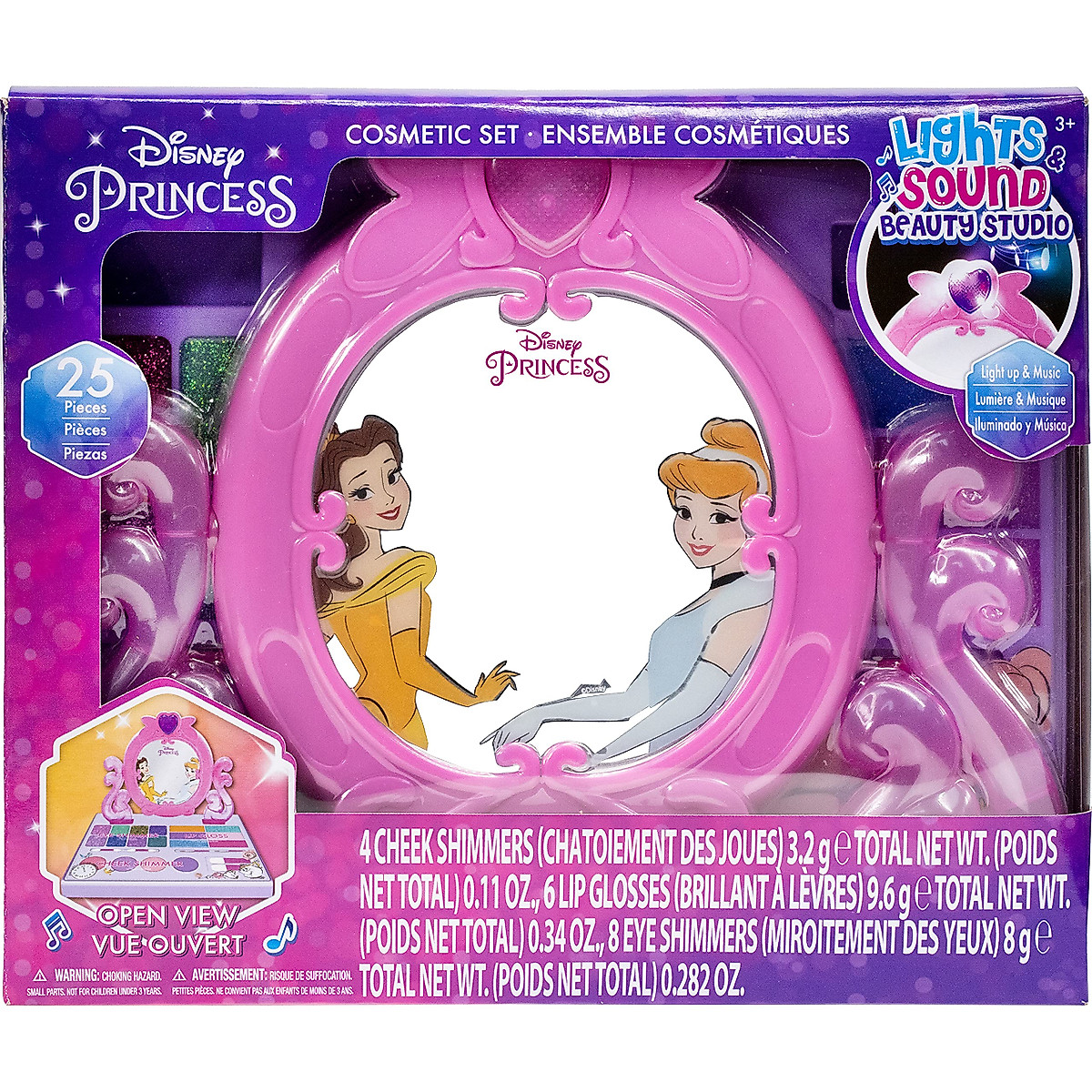 Disney Princess - Townley Girl Cosmetic Vanity Compact Makeup Set with Light & Built-in Music Includes Lip Gloss, Shimmer & Brushes for Kids Girls, Ages 3+ Perfect for Parties, Sleepovers & Makeovers