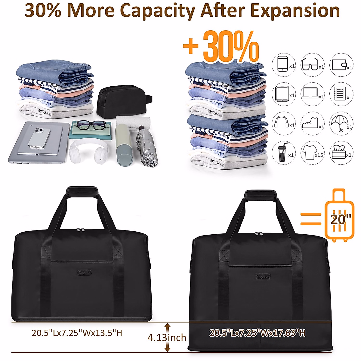 Expandable Travel Duffle Bag, Large Weekender Overnight Bags for Women Men 20.5 Inch Waterproof Carry on Shoulder Tote Bags for Hospital Maternity Mommy Gym with Toiletry Bag Black