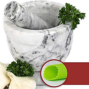 Marble Mortar and Pestle Set - Beautiful Polished White and Grey Veined Marble Mortar and Pestle Set with Garlic Peeler and Anti Scratch, Anti Skid Protective Pad