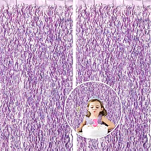 Lilac Pink Wave Party Backdrop Decoration -Foil Fringe Curtain Pink Party Streamers for Princess/Taylor/Unicorn/Bachelorette/Cowgirl/BTS/Sleepover Theme Party Decorations -2 Packs