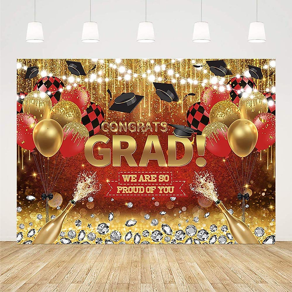 AIBIIN 7x5ft Congrats Grad Backdrop Red Gold Glitter Diamond Graduation Photography Background Class of 2023 Celebration Prom Party Decorations Congratulations on Graduation Banner Photoshoot Props