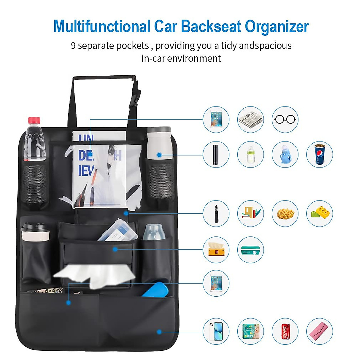 2 Pack PU Leather Premium Car SeatBack Organizer Travel Accessories, Kick Mats Back Seat Protector with Touch Screen Tablet Holder, Car Back Seat Organizer for Kids, Car Travel Accessories