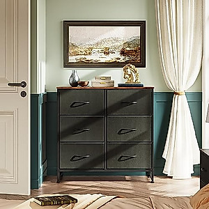 WLIVE Fabric Dresser for Bedroom, 6 Drawer Double Dresser, Storage Tower with Fabric Bins, Chest of Drawers for Closet, Living Room, Hallway, Black and Rustic Brown