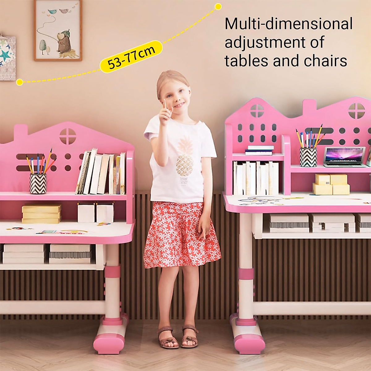 Children Adjustable Desk and Chair Set, Study Table for Kids, Pink Home School Writing Kids Desk and Chair Set with Drawers and Storage Compartments, Reading/Learning/Writing for Girls Pink (Pink)