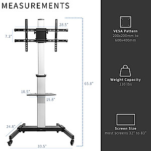 VIVO Aluminum Mobile TV Cart for 32 to 83 inch Screens up to 110 lbs, LCD LED OLED 4K Smart Flat, Curved Panels, Heavy Duty Stand with DVD Shelf, Locking Wheels, Max VESA 600x400, Silver, STAND-TV09