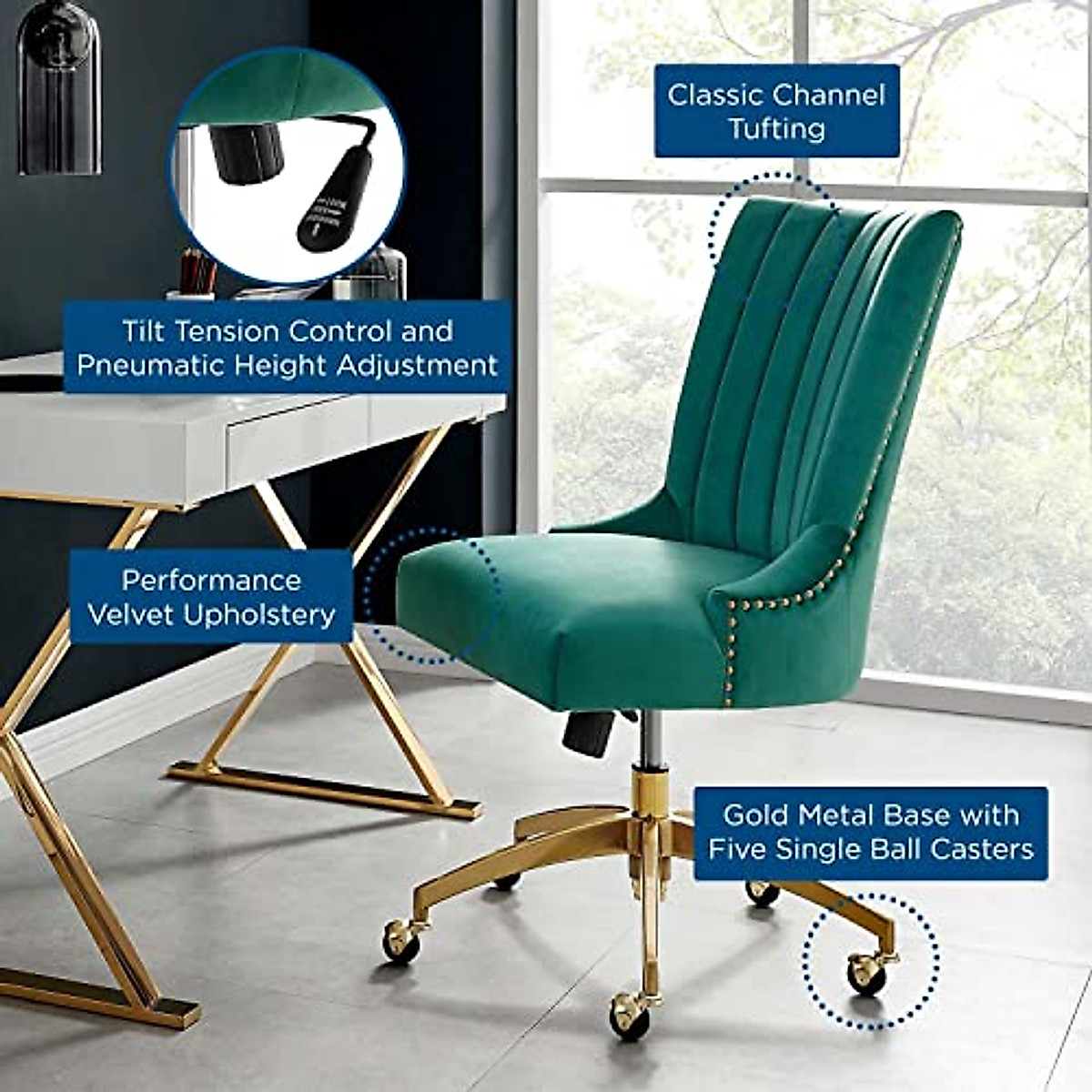 Modway Empower Channel Tufted Performance Velvet Office Chair in Gold Teal