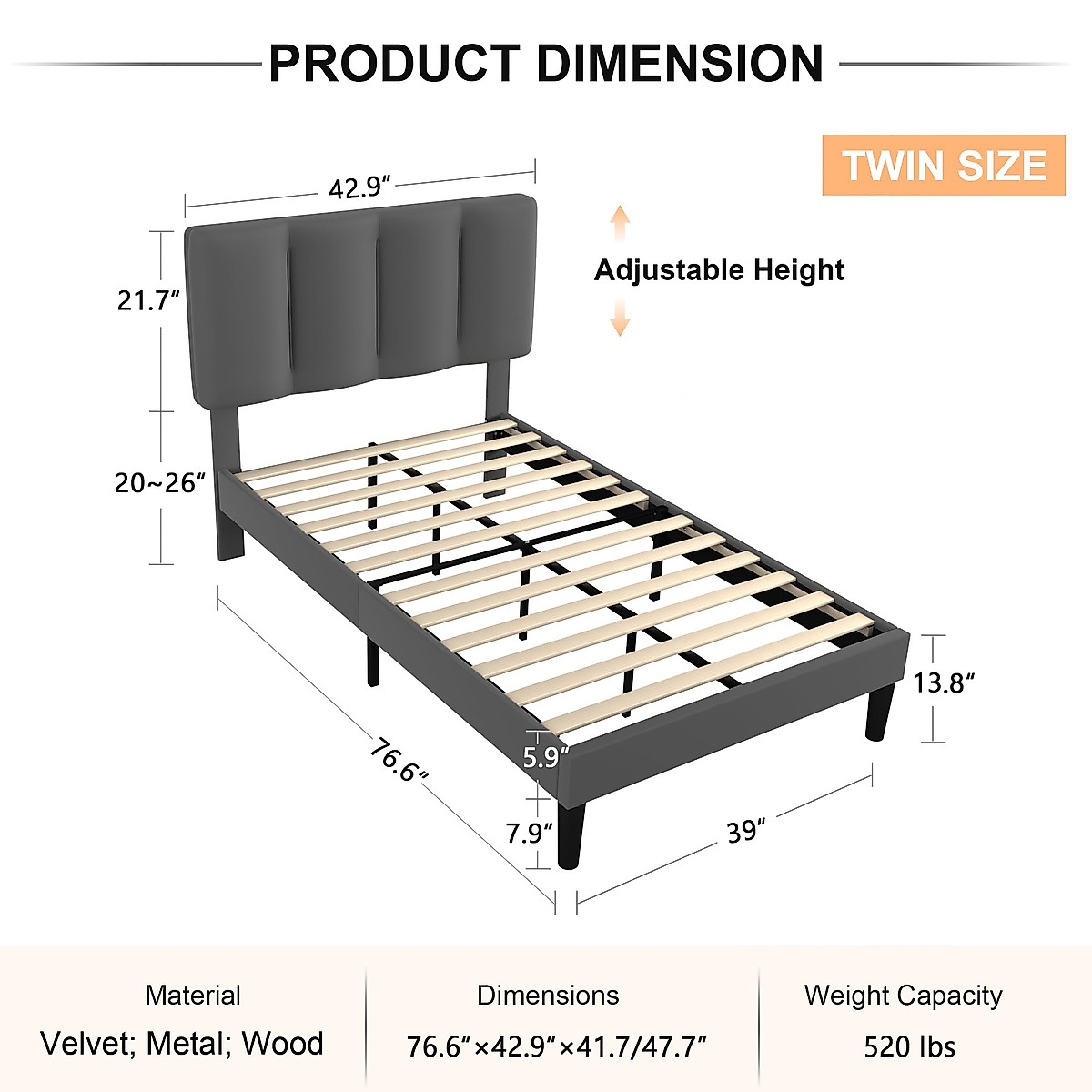 VECELO Twin Bed Frame with Upholstered Headboard, Platform Mattress Foundation with Strong Wooden Slats Support, No Boxing Spring Needed, Easy Assembly, Dark Grey
