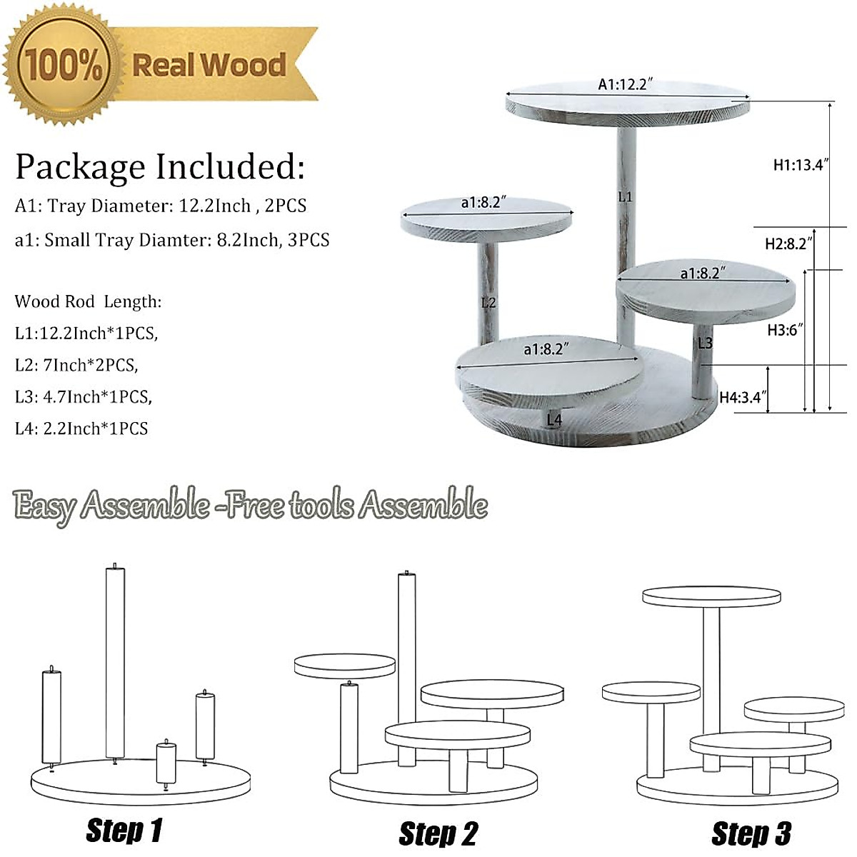 Wood Tiered Serving Trays, Wooden Display Stand Tiered Tray Stand Dessert Tray for Party, Round Serving 4 Tier Cupcake or Cake Tower Stand for Entertaining (Washed White)