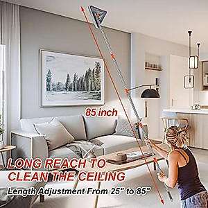 Wall Mop Wall Cleaner with 85 Inch ​Long Handle, 360° Rotating Microfiber Dust Mop, Skirting Cleaning Tool Ceiling Gasket Window Cleaning Kit with 6 Replacement Pads and 25" to 85" Extension Pole