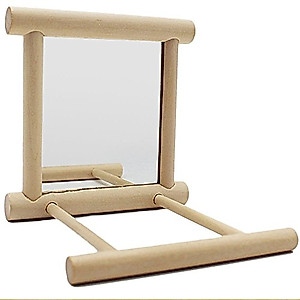 Bird Mirror Toy with Perch Stand for Parrot Budgie Parakeet Cockatiels Conure Finch Lovebird Canary African Grey Macaw Amazon Cockatoo Cage Wood Toy