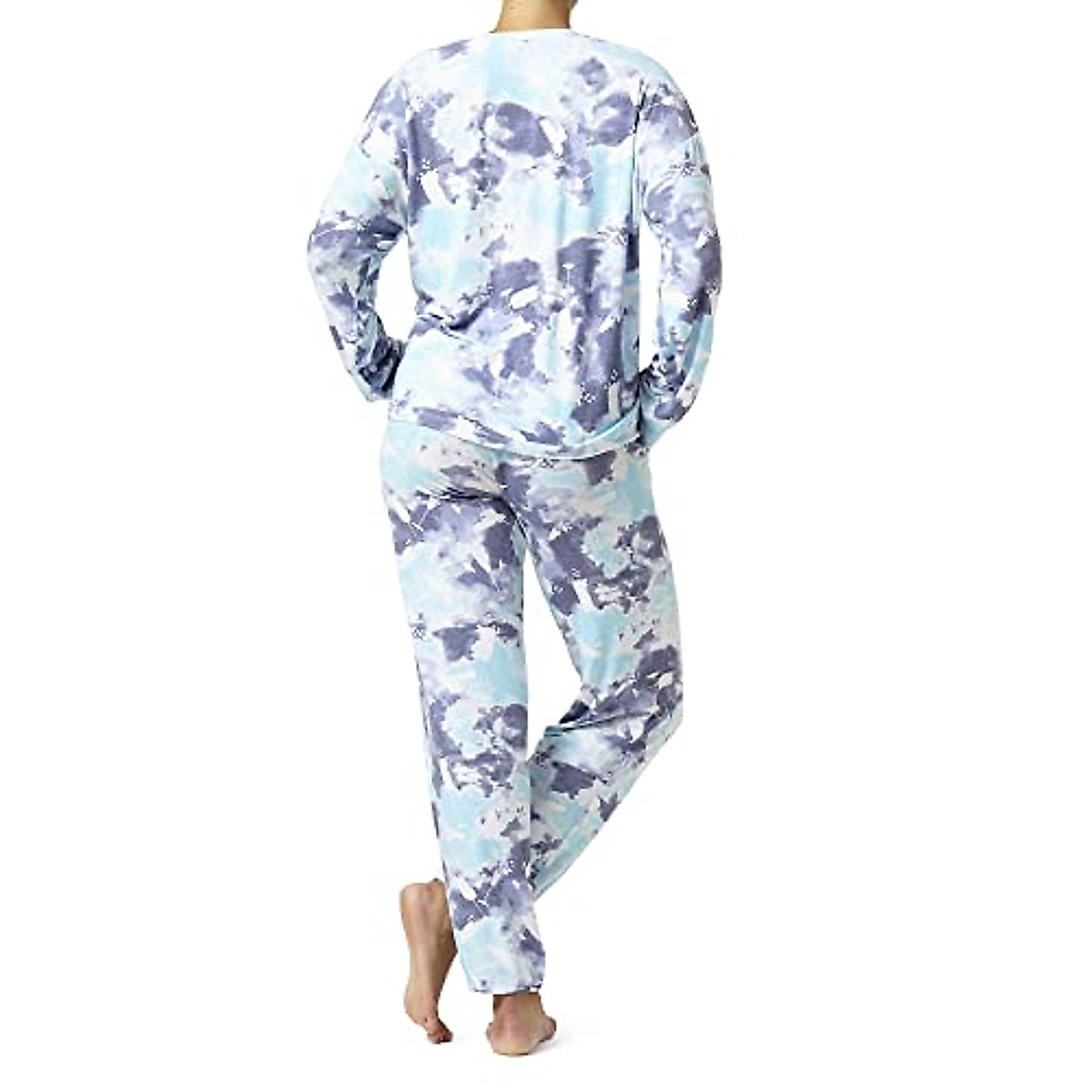 HUE Women's Long Sleeve Tee and Jogger Pant 2 Piece Pajama Set, Button Blue-Cloud Tiedye Cocktails, Large