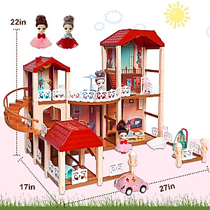 NOVSPER Doll House, Girl Toys Dollhouse with 2 Dolls, Pet Dog, Car,Light, Furnitures and Accessories, DIY Dollhouses Dreamhouse Kit Kids Toys Gift for Age 5 6 7 8+ Year Old(8 Rooms and 2 Balcony)