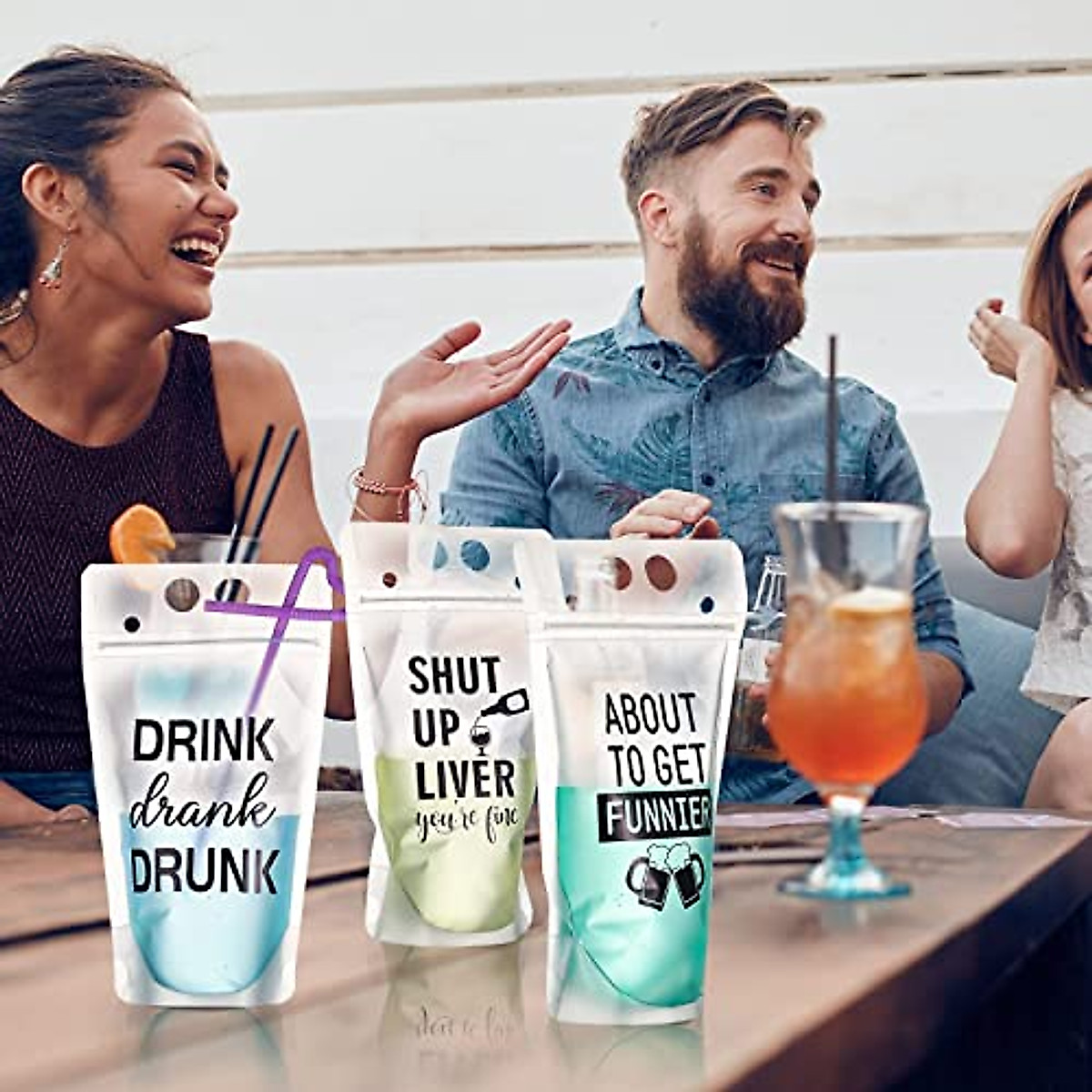 Drink Pouches with Straws Plastic Drink Bags with Zipper Party Beverage Bags Juice Pouches for Adults and Teens (36 Sets,9 Styles)