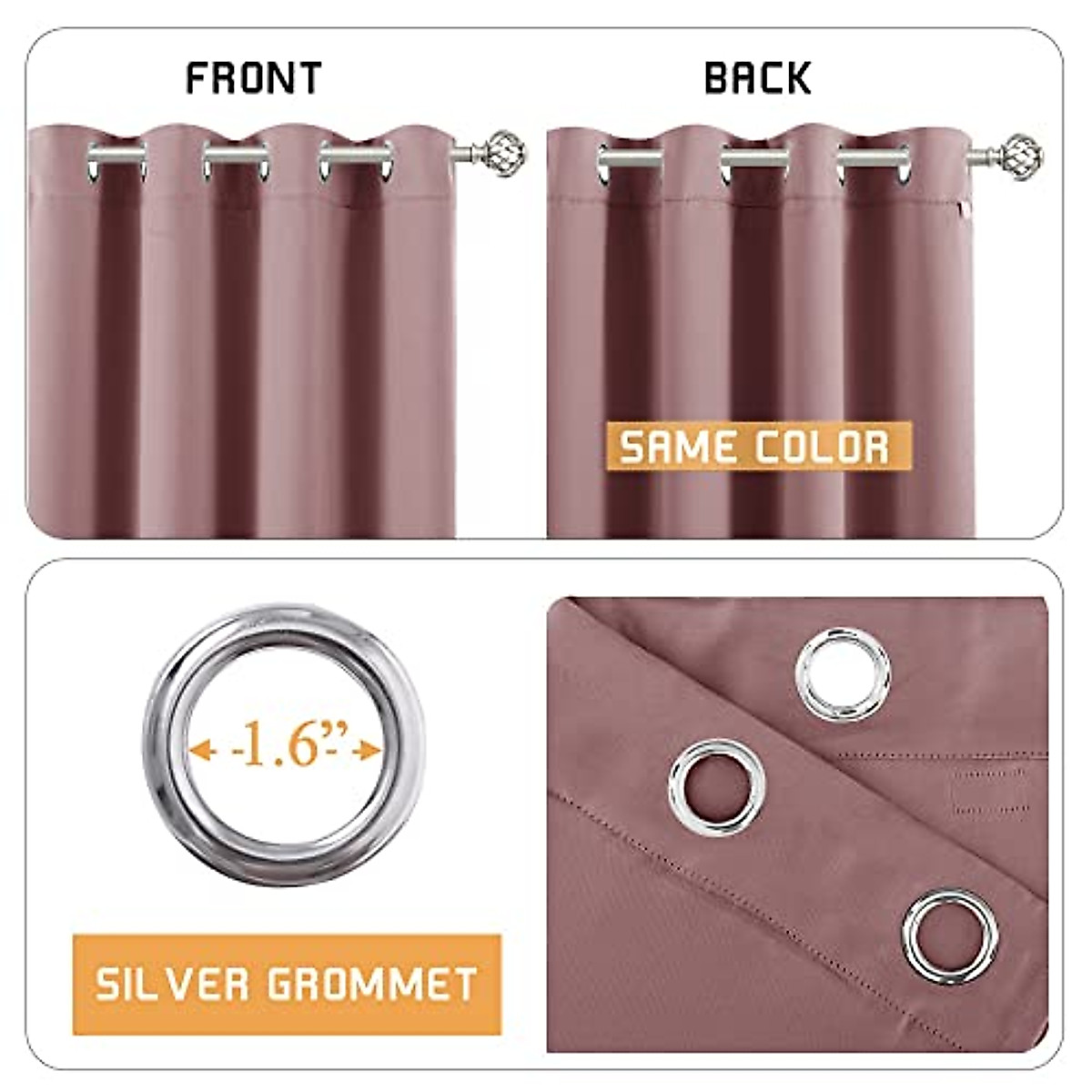 RYB HOME 3-in-1 Soundproof - Blackout - Thermal Insulation Living Room Divider Curtains, Large Bay Window Curtains for Bedroom Theatre Office Backdrop, Wild Rose, W 62 x L 84 inches, 2 Panels