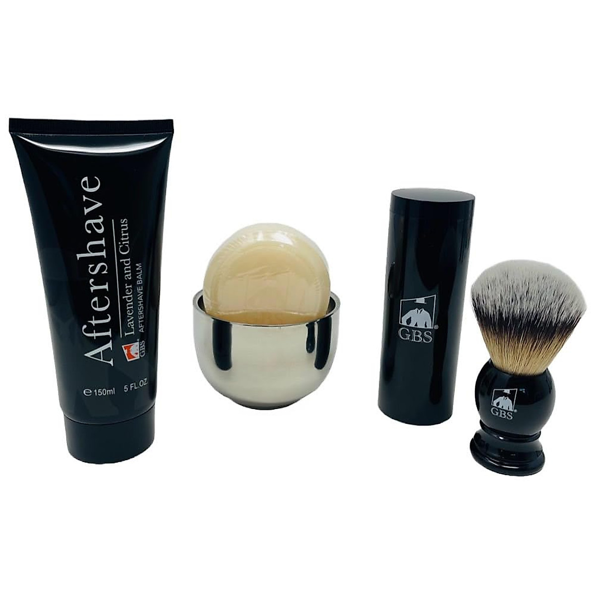 G.B.S Shaving Set for Sensitive Skin, Includes Steel Lather Bowl, Lavender and Citrus Aftershave Balm, Lavender and Citrus Shave Soap and Synthetic Shave Brush with Travel Tube
