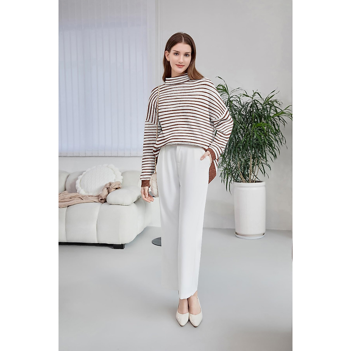 Women's Turtleneck Long Sleeve Striped Oversized Ribbed Knit Pullover Sweater Tops