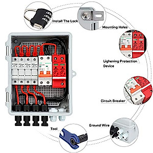 Solar Combiner Box PV Combiner Box 4 String With15A Rated Current Fuse Solar DC Breaker Lightning Arreste and Solar Connector for Solar Power Systems10AWG Solar Cable