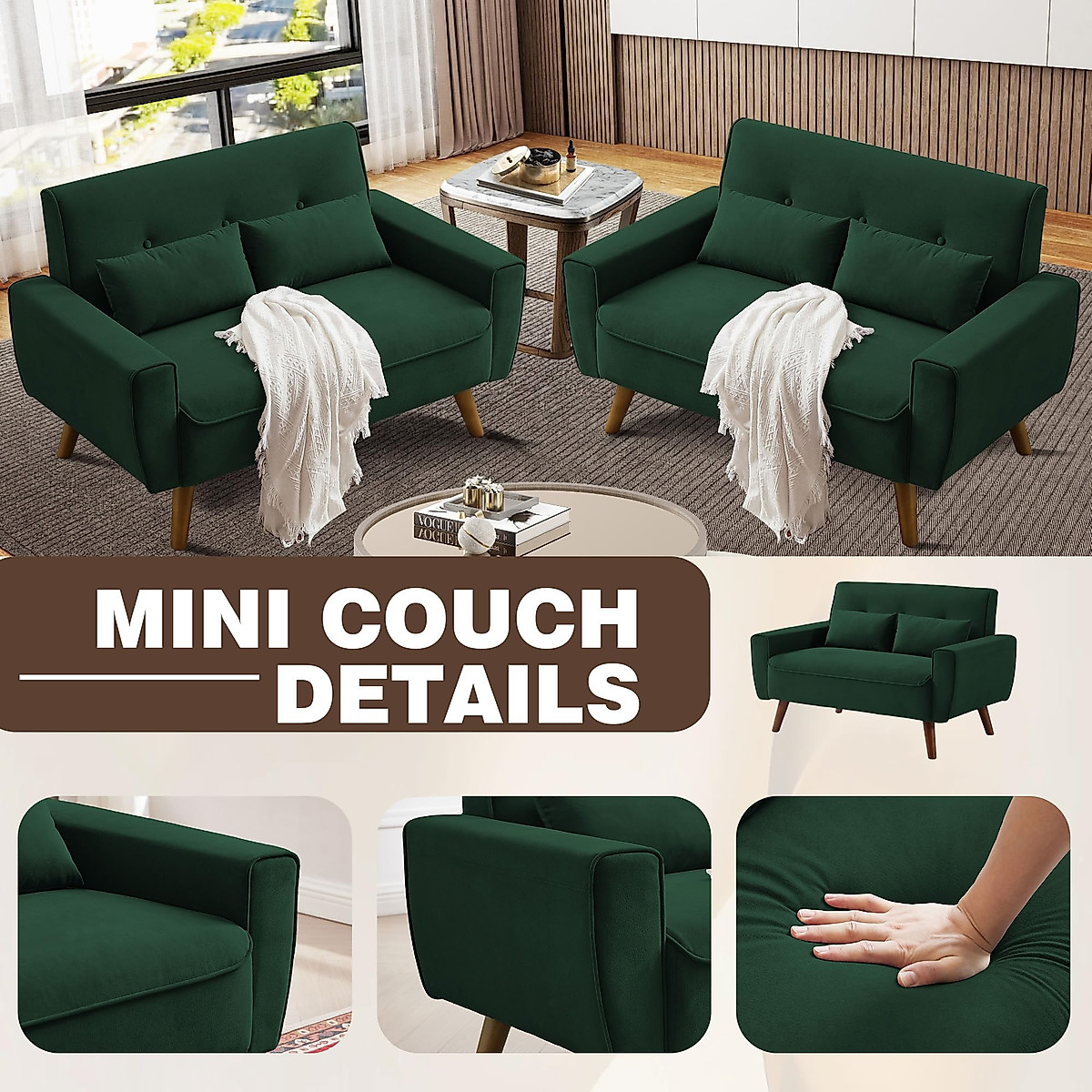 Tornama 48" Small Loveseat Sofa Set, 2-Piece Mid Century Modern Love Seat Couch, 2 Seat Tufted Couches with Throw Pillows for Living Room, Apartment, Bedroom and Small Spaces, Green