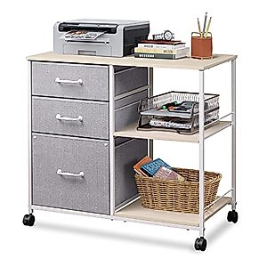 DEVAISE 3 Drawer Mobile File Cabinet, Rolling Printer Stand with Open Storage Shelf, Fabric Lateral Filing Cabinet fits A4 or Letter Size for Home Office, Light Grey