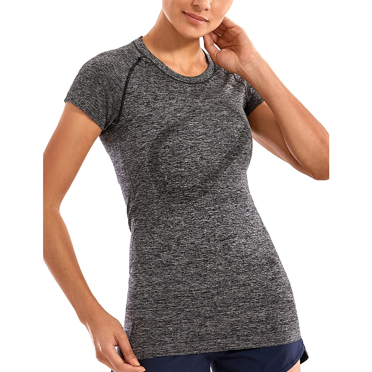 CRZ YOGA Seamless Workout Shirts for Women Short Sleeve Sports Tees Quick Dry Breathable Gym Athletic Tops Black and White Large