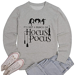 KIDDAD It's Just A Bunch of Hocus Pocus T-Shirt Women Halloween Sanderson Sisters Long Sleeve Crewneck Casual Pullover Tops Light Gray