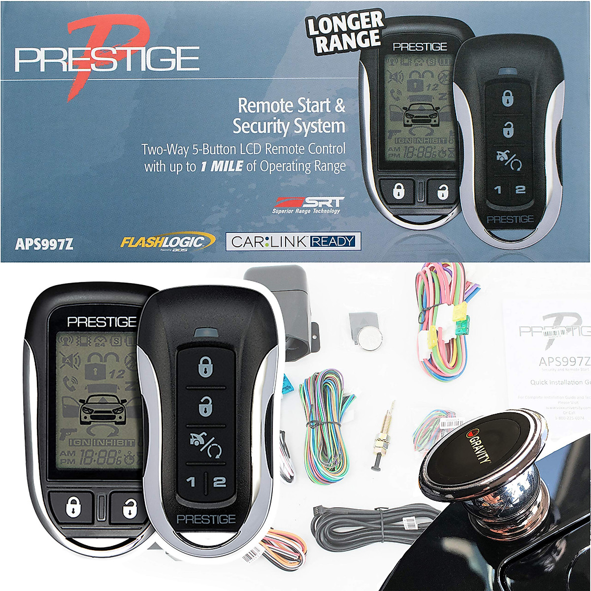 Prestige APS997Z Two-Way LCD Command Confirming Remote Start/Keyless Entry and Security System with up to 1 Mile Operating Range + Free Gravity Phone Holder