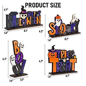 NEROSUN 4 PCS Halloween Table Centerpiece Decorations, Pumpkin Ghost Wood Centerpiece Boo Spooky Signs, Trick or Treat Table Decor for Halloween Table Party Living Room Kitchen Office Bar
