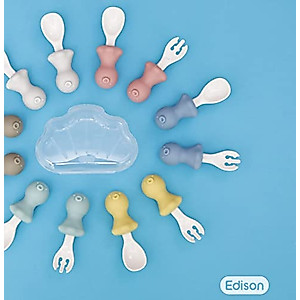 Edison Friends Self-Feeding Silicon Spoon and Fork Set with Case, 100% Platinum Silicon, Octopus Shape (Mint), Made in Korea