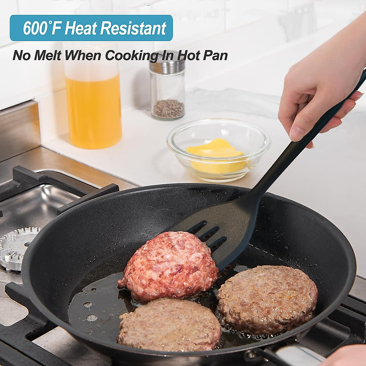 Silicone Spatula Turner Set, High Heat Resistant Spatulas with Seamless One Piece Design, Nonstick Rubber Flippers Utensils for Baking & Cooking,BPA-Free, Black,11 IN