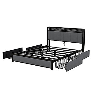 Queen Bed Frame with 4 storage drawers and LED light, LED Bed Frame Queen Size with Shelf Storage Headboard, Upholstered Platform Bed with LED Lights, Solid Wood Slats, Stable Structure (Dark Grey)