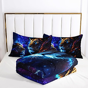 AILONEN 3D Lion Comforter Set Queen Size, Fantasy Glitter Galaxy Lion Bedding Set for Kids Boys,Safari Wild Animals Bed in a Bag for Bedroom Decor,1 Quilt and 2 Pillowcases,3PCS
