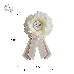 Mom To Be Sash and Dad To Be Pin By LMC | Baby Shower Belly Sash and Corsage | USA Handmade | Heat Sealed Ends | Ivory and Beige (Auntie to be pin)