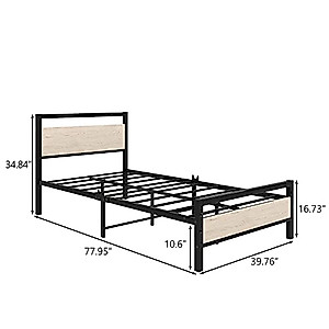 HOJINLINERO Twin Bed Frames with Wood Headboard,Metal Twin Platform Bed Frame No Box Spring Needed,Heavy Duty Steel Slats,No Noise,Natural Oak