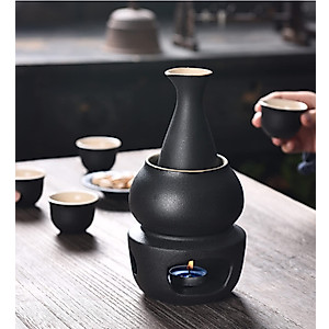 Tosnail 7 Pieces Ceramic Japanese Sake Set with Warmer, Hot Saki Set - Black