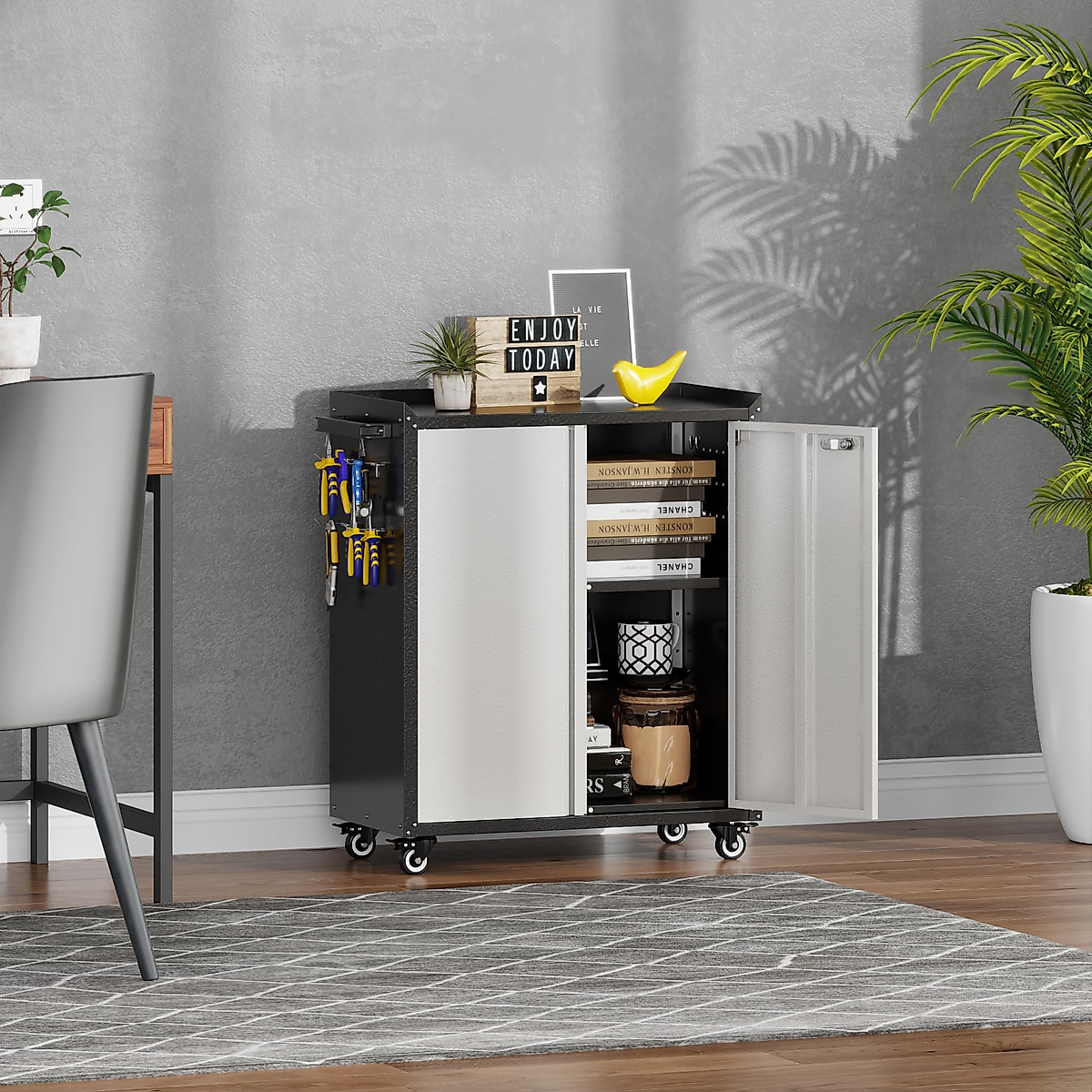 Aobabo 31.5" H Metal Storage Cabinet with Wheels, Locking Steel Rolling Tools Chest with Handle, Garage Tool Storage Cabinet with 1 Shelves 2 Side Pegboards and 4 Hooks,Assembly Required, Black Grey