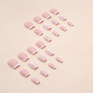 French Tip Press on Nails Short False Nails White Nail Tips Acrylic Nails with Ripple Design Fake Nails Square Shape Glue on Nails Cute White Artificial Nails Short Stick on Nails for Women Decoration