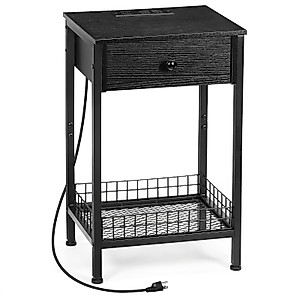 MOOACE Nightstand with Charging Station, Tall End Table with Drawer and Mesh Basket Storage Rustic Bedside Table for Bedroom,Living Room,Small Spaces - Black