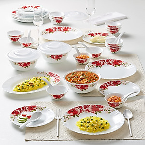 Borosil Gourmet Dinnerware Set For 6, 35 Pieces, White Dinner Plates and Bowls , Chip Resistant Tempered Opal Glass, Stain Resistant, Dishwasher & Microwave Safe Dinner Set For Gifting, Serves 6