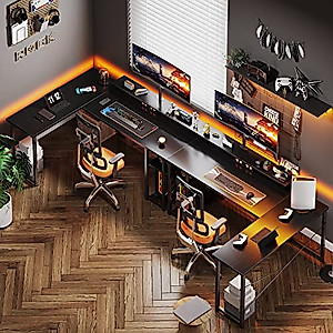 ODK L Shaped Gaming Desk, 61" Corner Computer Desk with Monitor Stand & Storage Shelf, Sturdy Home Office Desk, Black