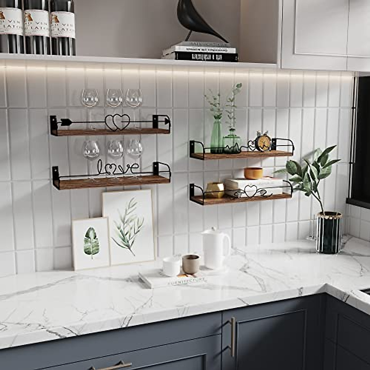 Lyeasw Floating Shelves Heart Shaped Wall Shelf, Rustic Wood Heart Shaped Shelving for Bedroom Kitchen Living Room Nursery Bathroom, Set of 4