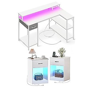 SUPERJARE L Shaped Gaming Desk with LED Lights & Power Outlets, Reversible Computer Desk and Nightstands Set of 2 with Charging Station & LED Light Strips, White