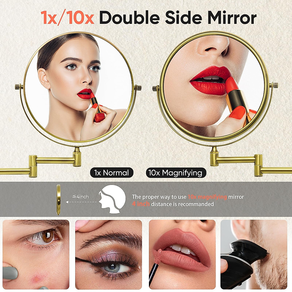 GURUN 8" Wall Mounted Makeup Mirror with 10X Magnification,Two-Sided Swivel Bathroom Mirror,Antique Satin Brass Finish M1306K(8in,10x)