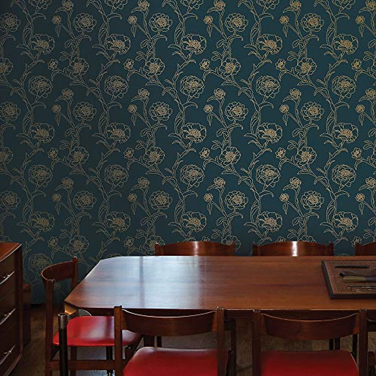 Tempaper Peacock Blue & Metallic Gold Peonies Removable Peel and Stick Floral Wallpaper, 20.5 in X 16.5 ft, Made in the USA