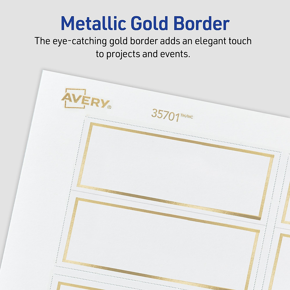 Avery Printable Place Cards with Sure Feed Technology, 1-7/16" x 3-3/4", White with Gold Border, 150 Blank Tent Cards for Laser or Inkjet Printers (35701)