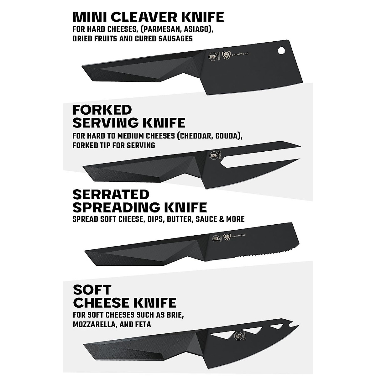 DALSTRONG Cheese Knife Set - 4-Piece - Shadow Black Series - Black Titanium Nitride Coated - High Carbon - 7CR17MOV-X Vacuum Treated Steel Cheese Knives Set - Sheath - Soft Hard Cheese - NSF Certified