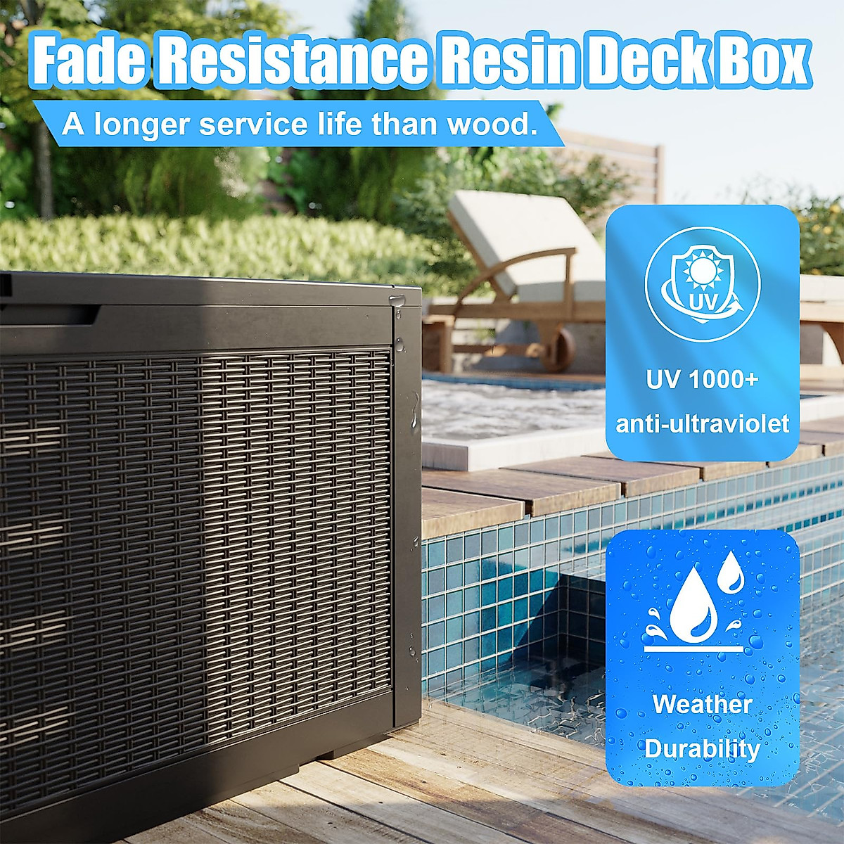 Vixzen 100 Gallon Resin Deck Box, Lockable Outdoor Storage Box for Patio Cushions Storage Furniture,Garden Tools, Pool Supplies, Weatherproof and UV Resistant- Black