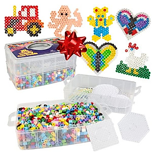 2,000 Piece XL Giant Biggie Fuse Bead Kit- Immediate Shipping, 3 XL Pegboards, 13 Colors, 6 Unique Templates,Melt Ironing Paper and Case- Works with Perler, Pixel Art Craft Project, Kids Holiday Party