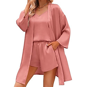 Aokosor Womens 3 Piece Silk Satin Pajamas Sets with Robe Baby Pink Loungewear Birthday Party Outfits L