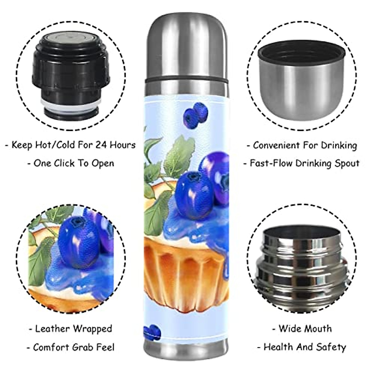 Stainless Steel Leather Vacuum Insulated Mug Blueberry Thermos Water Bottle for Hot and Cold Drinks Kids Adults 16 Oz