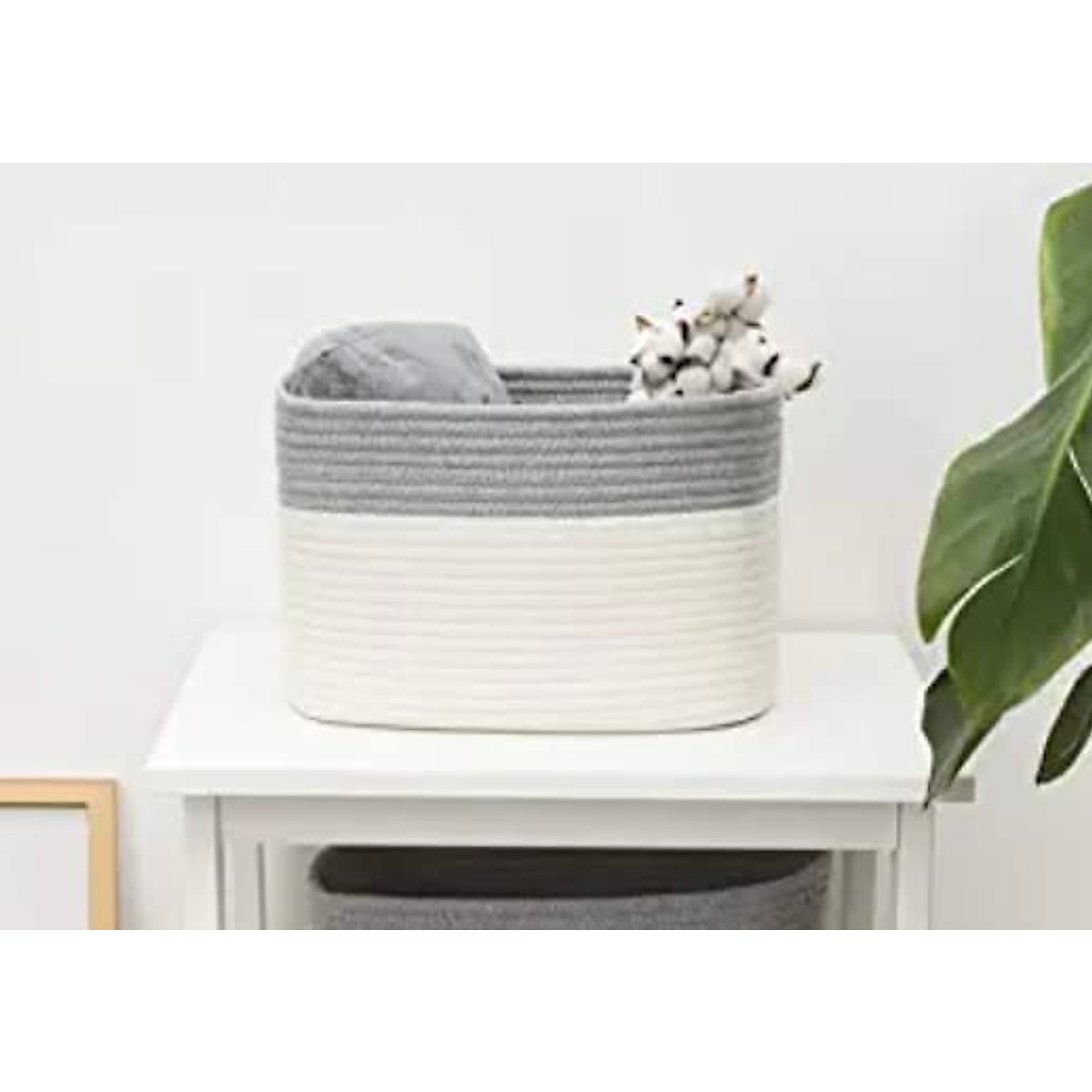 RoomForLife - Oval Cotton Rope Basket - 18 Inch Diameter - Gray/White Color - Open Top Storage